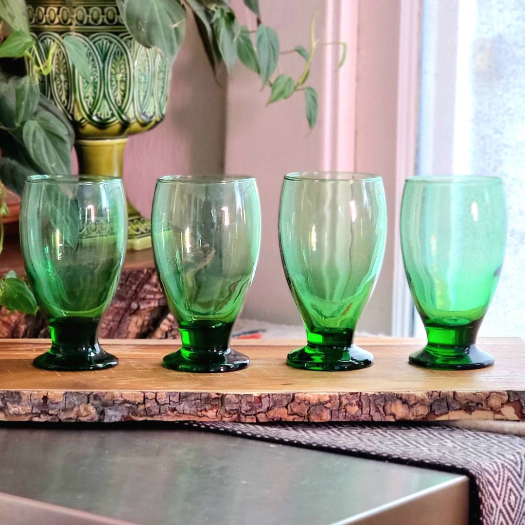 Set of 4 Libbey Teardrop Emerald Green Pedestal Drinking Glasses ...