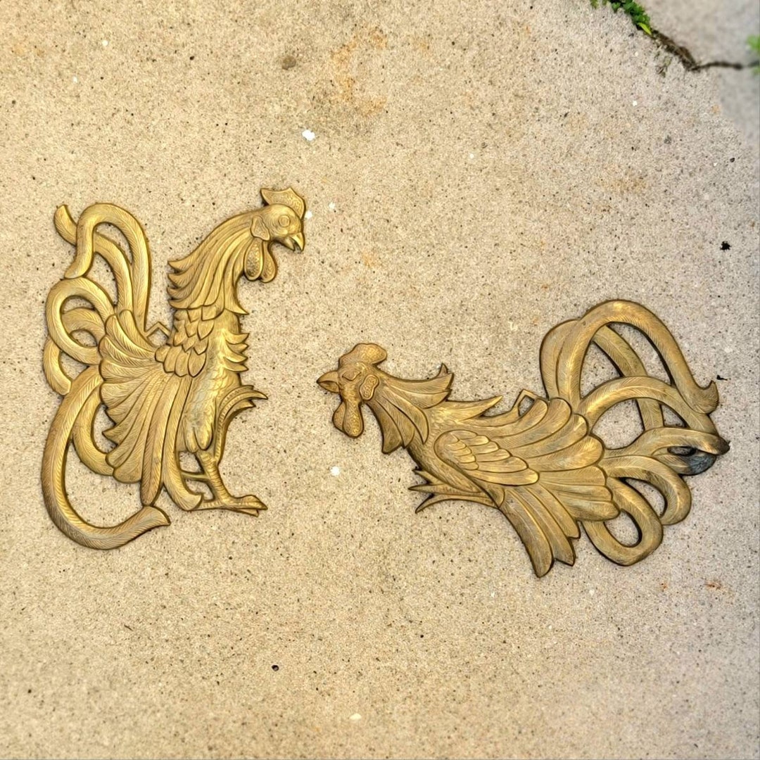 Sparring Roosters Aged Brass Wall Hangings, Brass Wall Hanging, Brass ...