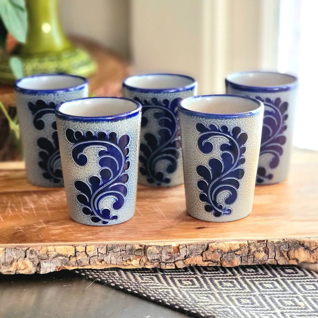 Set of 5 German Salt Glazed Pottery Cobalt Filigree Tumblers, Ceramic ...