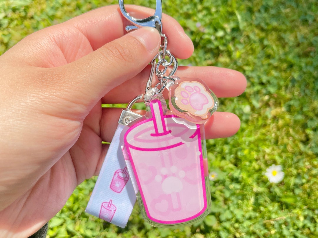Cute Acrylic Pink Wristlet Keychain Charm, Kawaii Accessories, Keyring ...