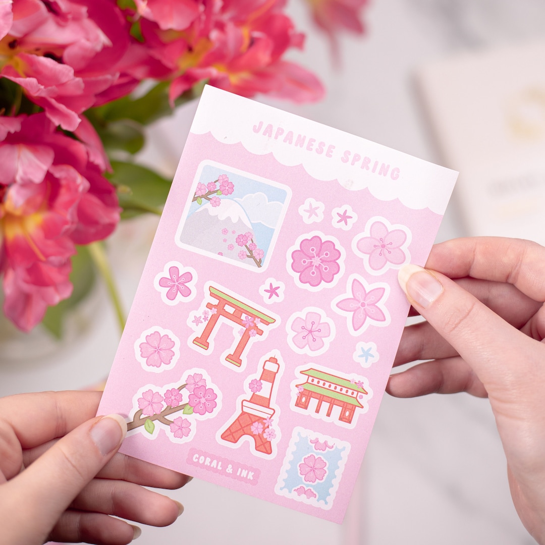 Cute Japanese Sakura Stickers, Kawaii Aesthetic Sticker Sheet, Journal ...