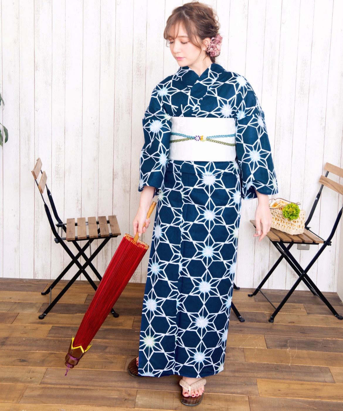 Japanese Yukata [ 5pcs Set ] With Obi Belt & Sandals Geta / Japanese ...
