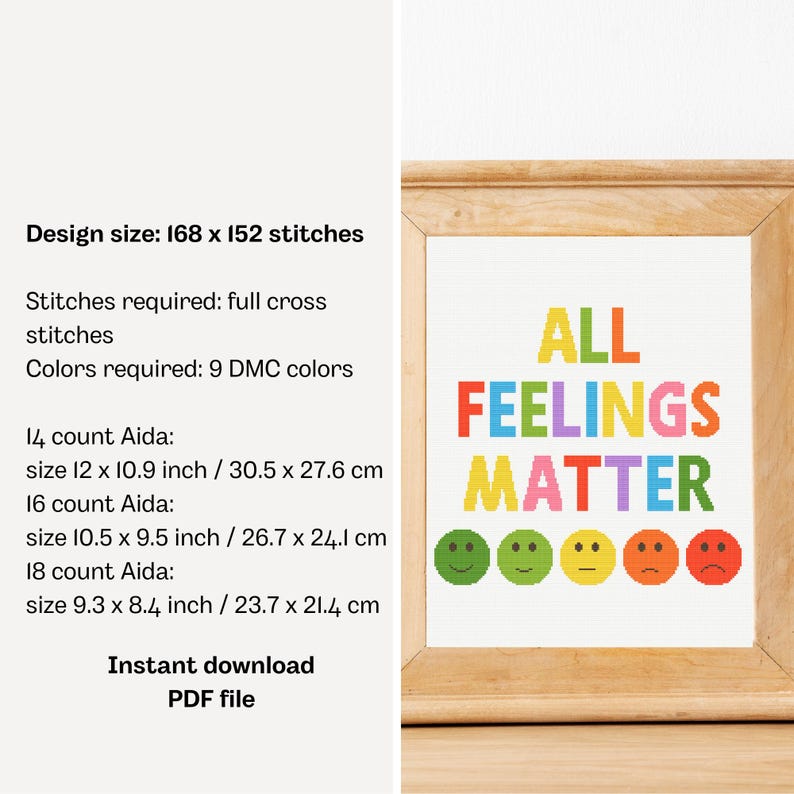 Classroom Cross Stitch Pattern, All Feelings Matter Embroidery, Emotion ...