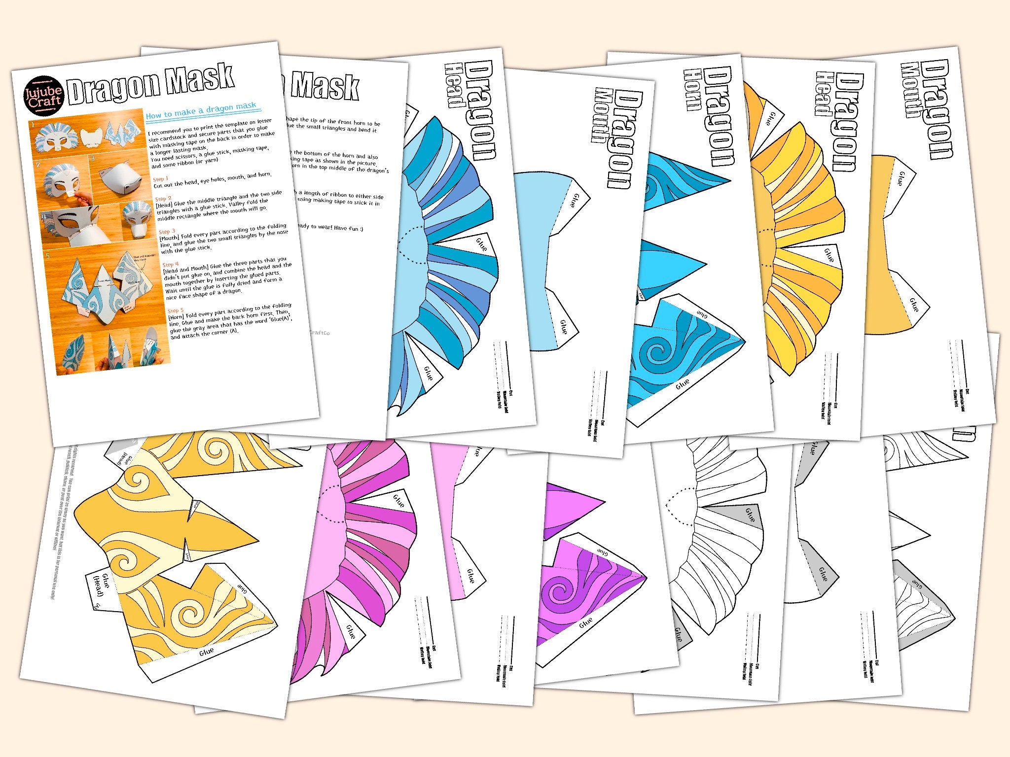 Coloring Mask 3 Printable Dragon Masks 1 Black and White - Etsy Canada