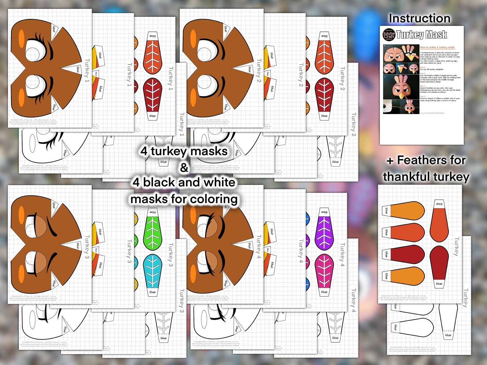 Coloring Mask 4 Printable Turkey Masks 4 Black and White | Etsy