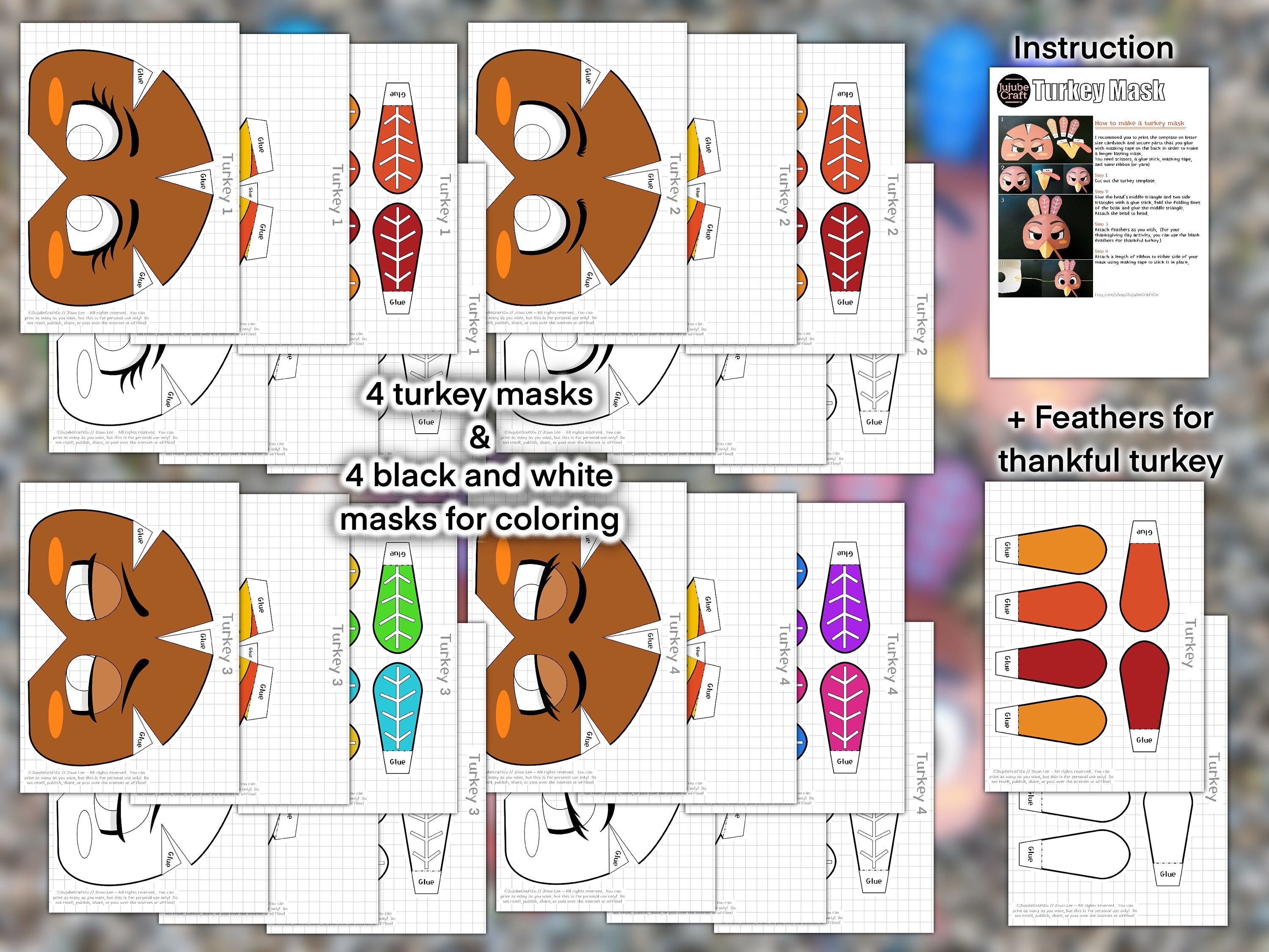 Coloring Mask 4 Printable Turkey Masks 4 Black and White | Etsy