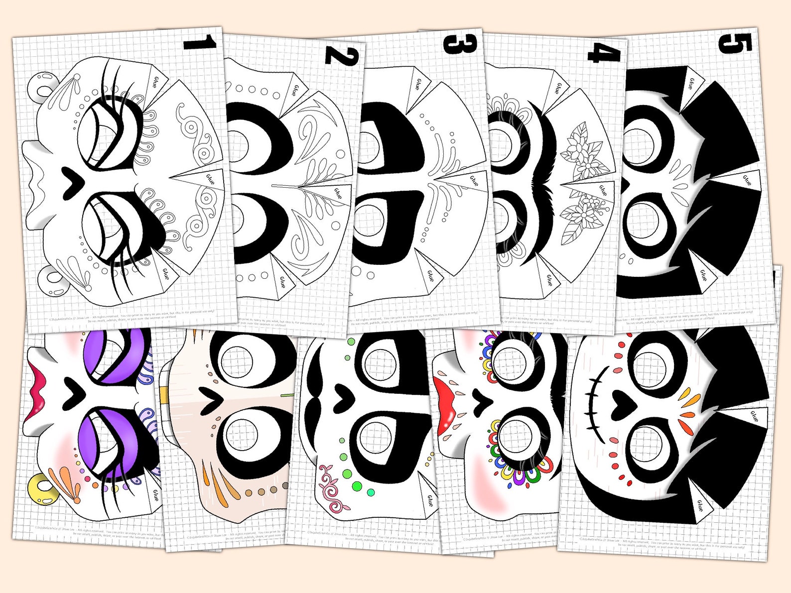 Coloring Mask 5 Printable Skull Masks 5 Black and White - Etsy