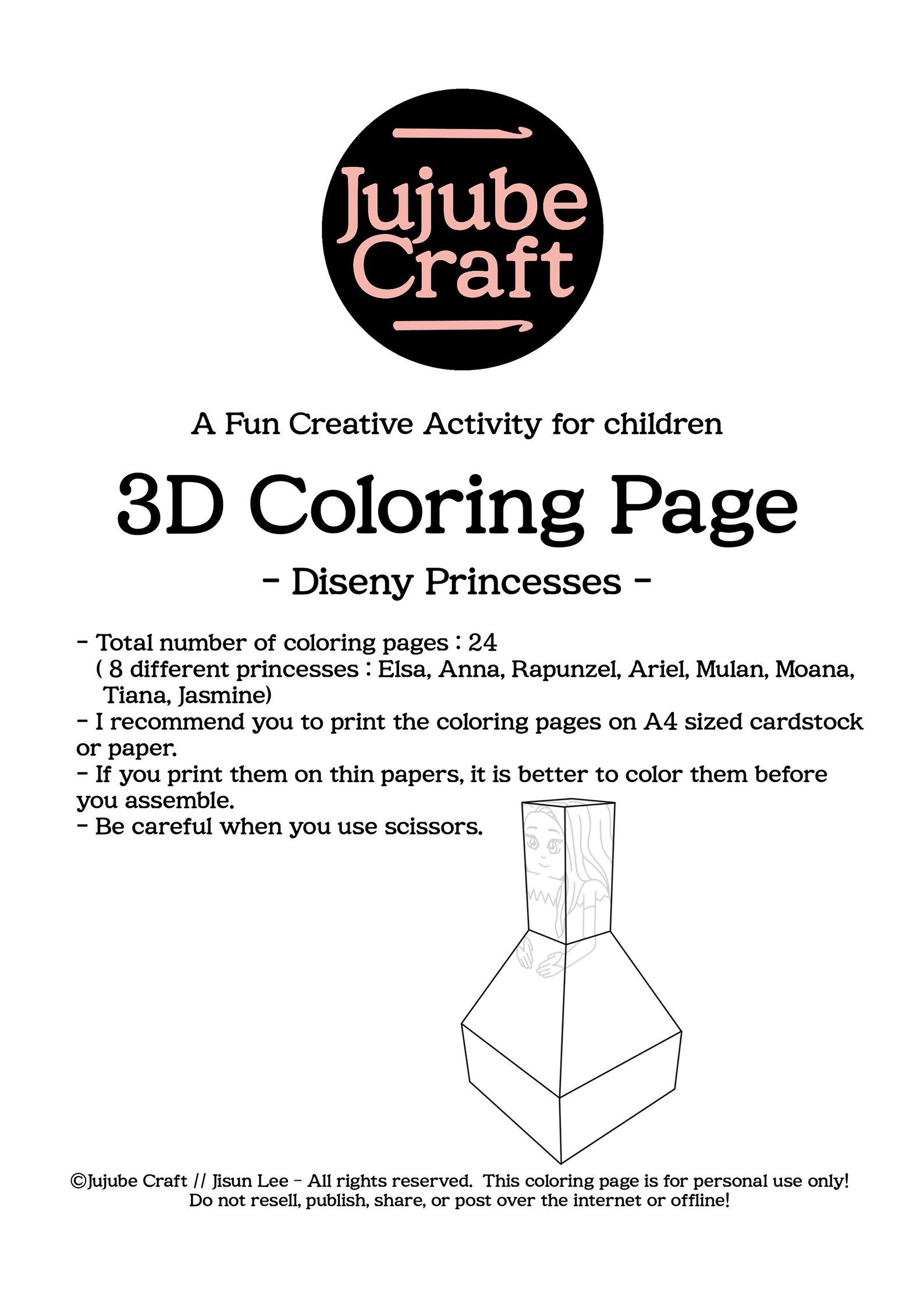 3D Coloring Page : Diseny Princesses /elsa/anna/rapunzel/tiana/mulan ...