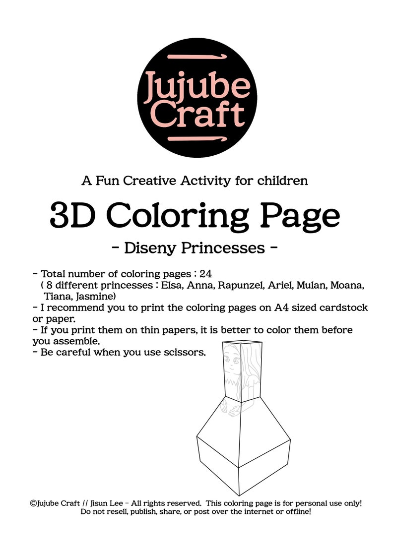 3D Coloring Page : Diseny Princesses /elsa/anna/rapunzel/tiana/mulan ...