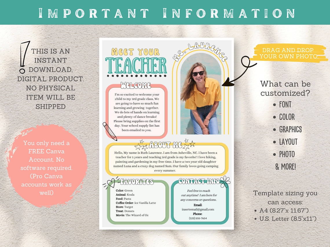 Meet the Teacher Template, Editable Teacher Printable, Back to School ...