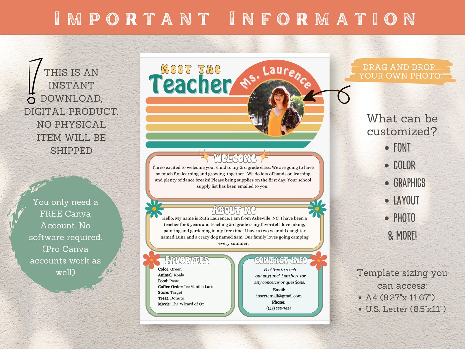 Meet the Teacher Template, Editable Teacher Printable, Back to School ...