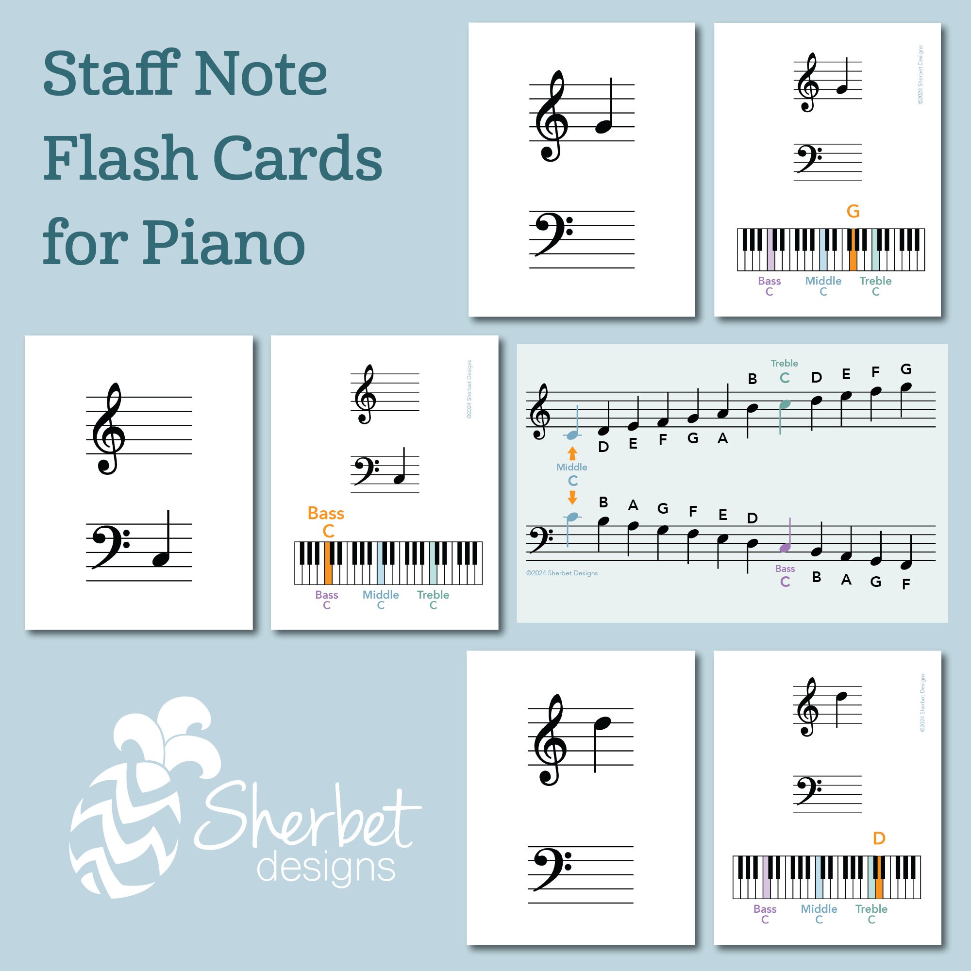 Staff Note Flash Cards for Piano - Etsy