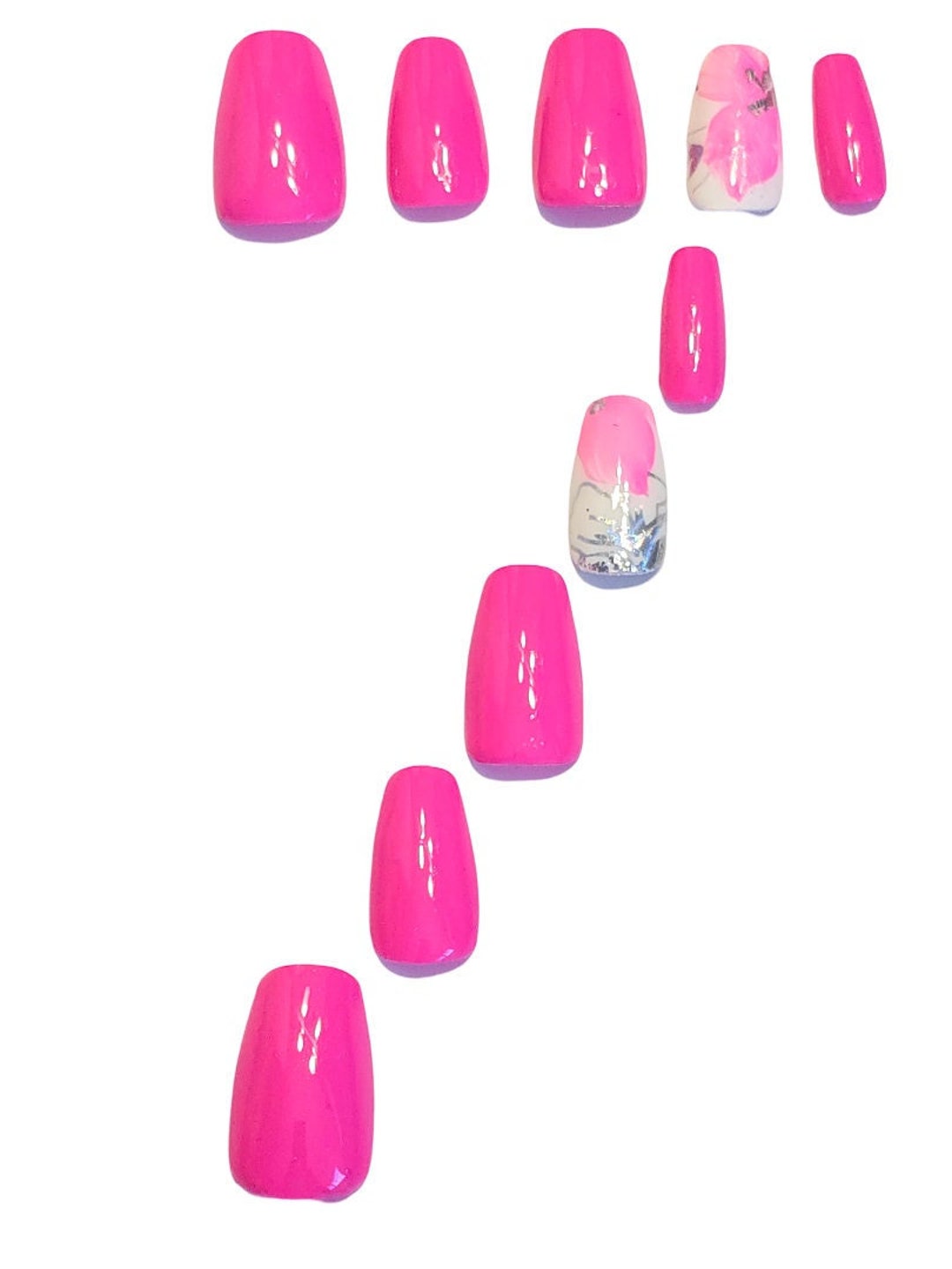 Pink Nail Set With Flower Ring Finger | Press on Nails | Short Coffin ...