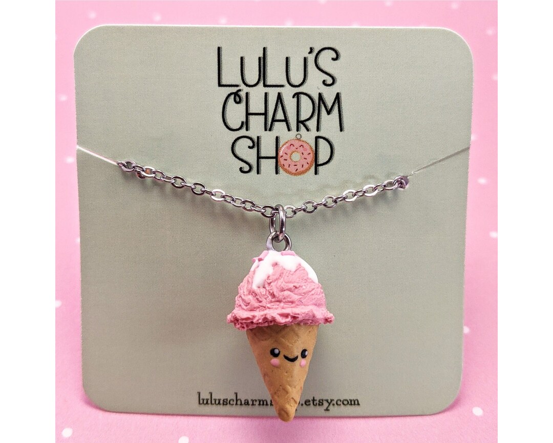 Kawaii Pink Ice Cream Cone Charm Polymer Clay Charm With Necklace - Etsy