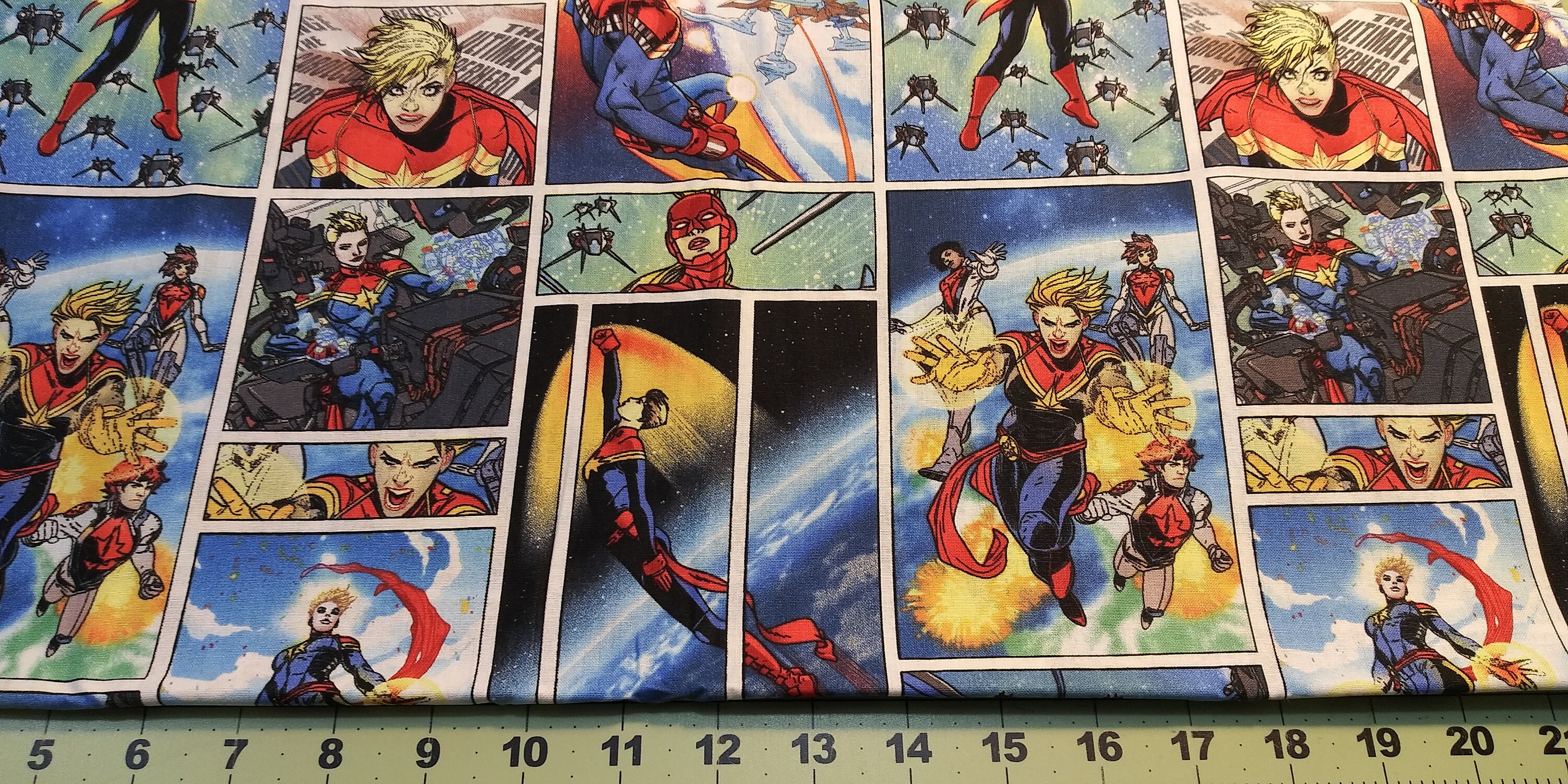 Marvel Comics Fabric, Captain Marvel Patches Blue 100% Cotton Fabric ...