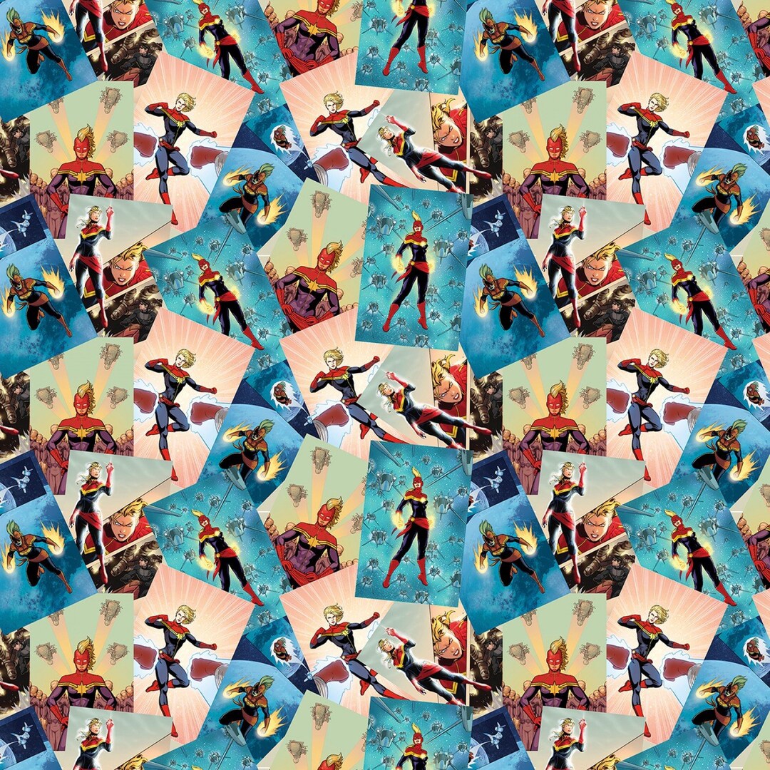 Marvel Comics Fabric, Captain Marvel Scenic Blue 100% Cotton Fabric ...