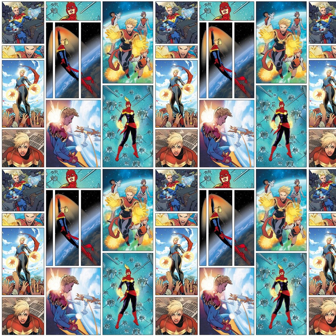 Marvel Comics Fabric, Captain Marvel Patches Blue 100% Cotton Fabric ...