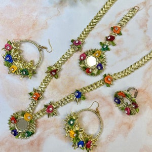 Gold and Multicolored Floral Gotta Jewelry Set. Handmade Flower Jewelry for Haldi Mayon Mayoun Mehndi. Flower Gota Jewelry for Bride. Etsy