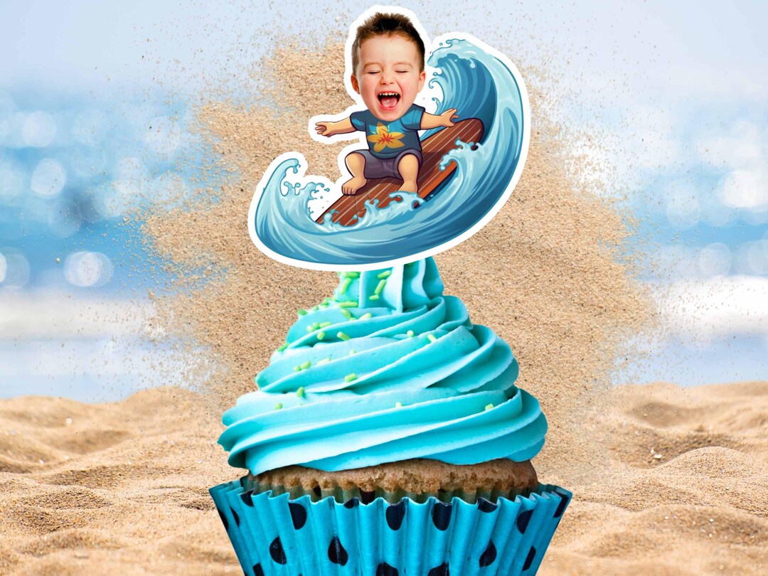 The Big One Cupcake Toppers. First Birthday Surfer Baby W/ Custom Face ...