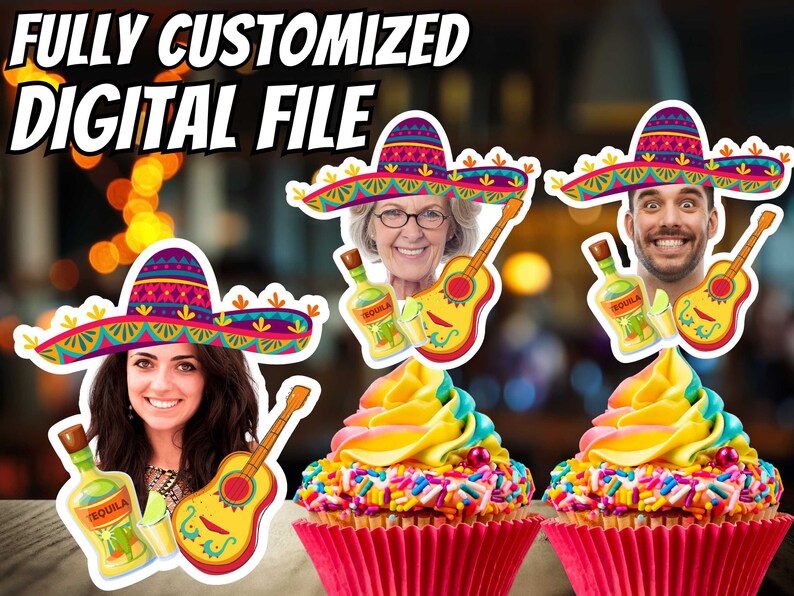 Printable Sombrero Mexican Fiesta Cupcake Toppers Face on Stick Pinata ...