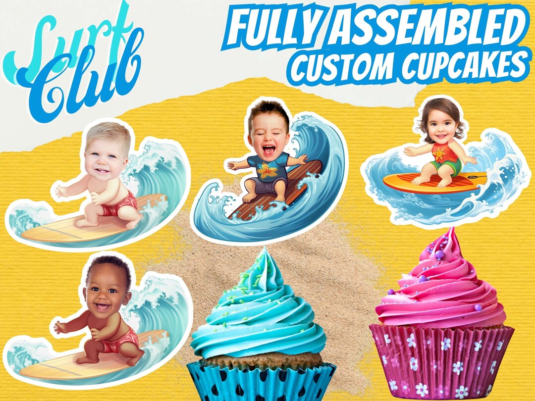 The Big One Cupcake Toppers. First Birthday Surfer Baby W/ Custom Face ...