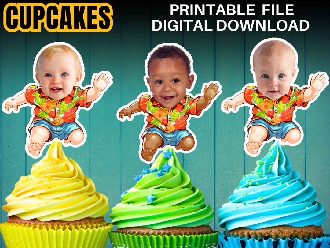 Printable TROPICAL Jumping Baby Cupcake Toppers. First Birthday Baby ...