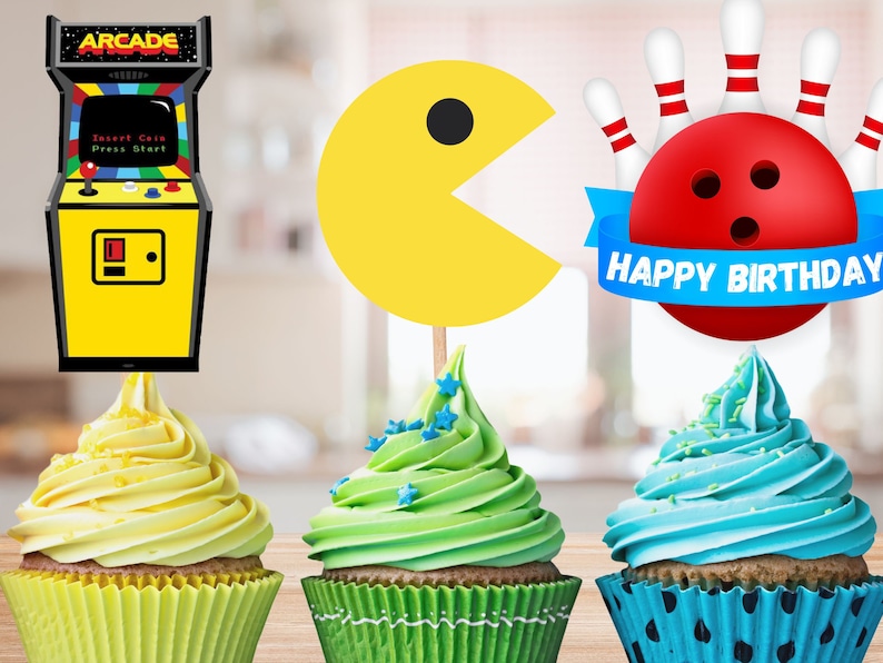 Arcade Bowling Birthday Cupcake Toppers, Custom Message - Etsy