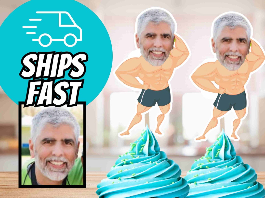 Funny Over the Hill Bodybuilder Cupcake Toppers Custom Face & Age ...