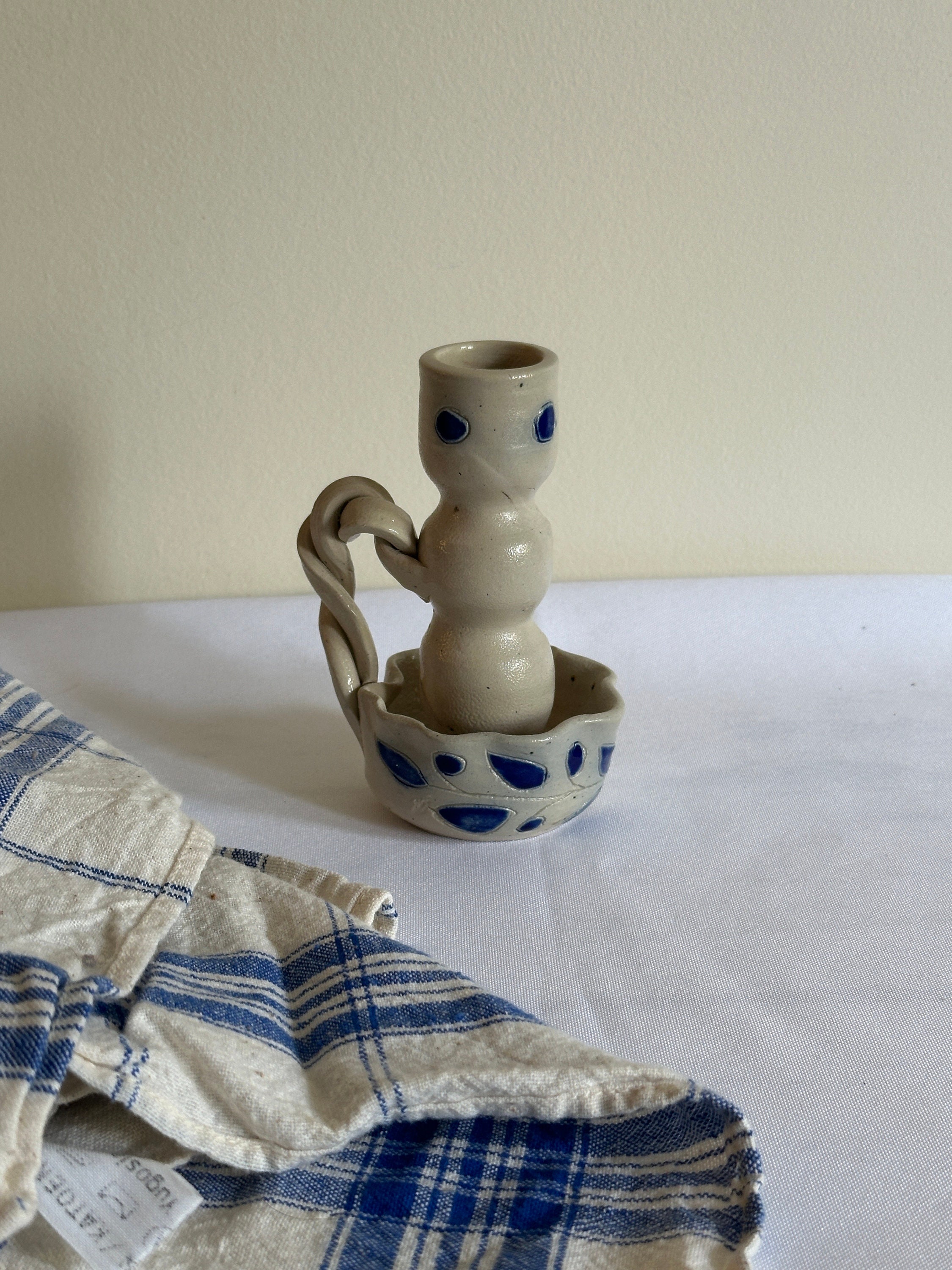 VINTAGE Blue and White Pottery Candlestick Holder - Etsy