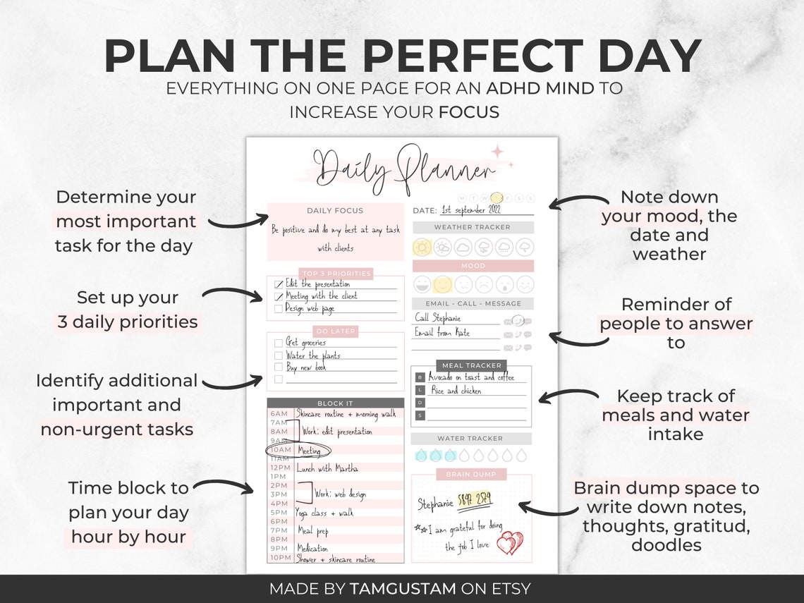 ADHD Daily Planner Printable Undated ADHD Planner for Adults - Etsy
