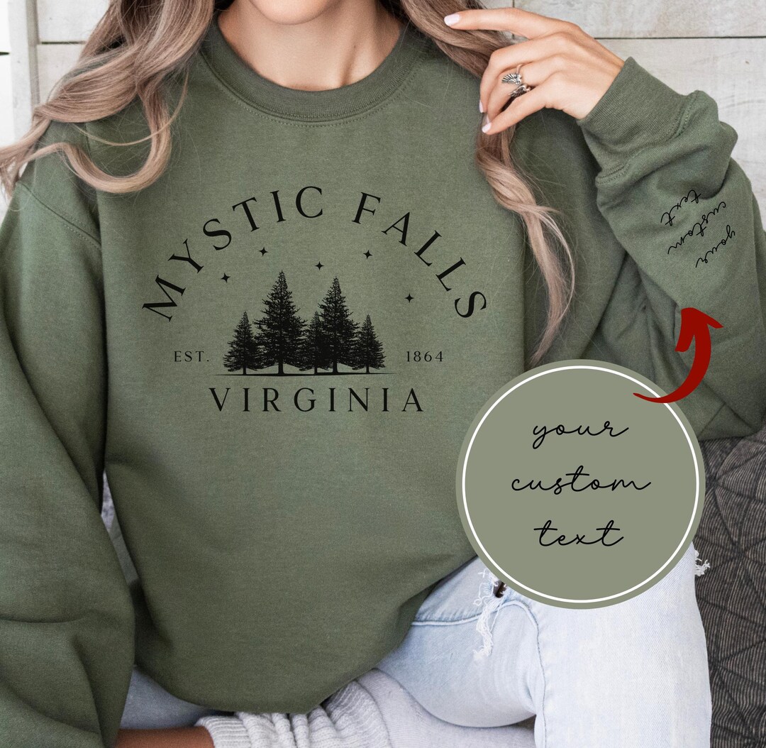 Custom Light Colored Mystic Falls Sweatshirt Embroidered Sleeve, Cozy ...