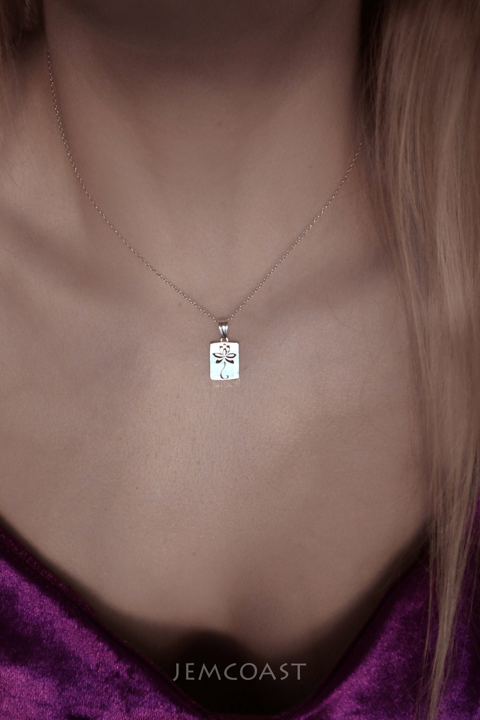 Silver FLOWER RECTANGLE PENDANT • Floral Delicate Tag Necklace • Charm ...
