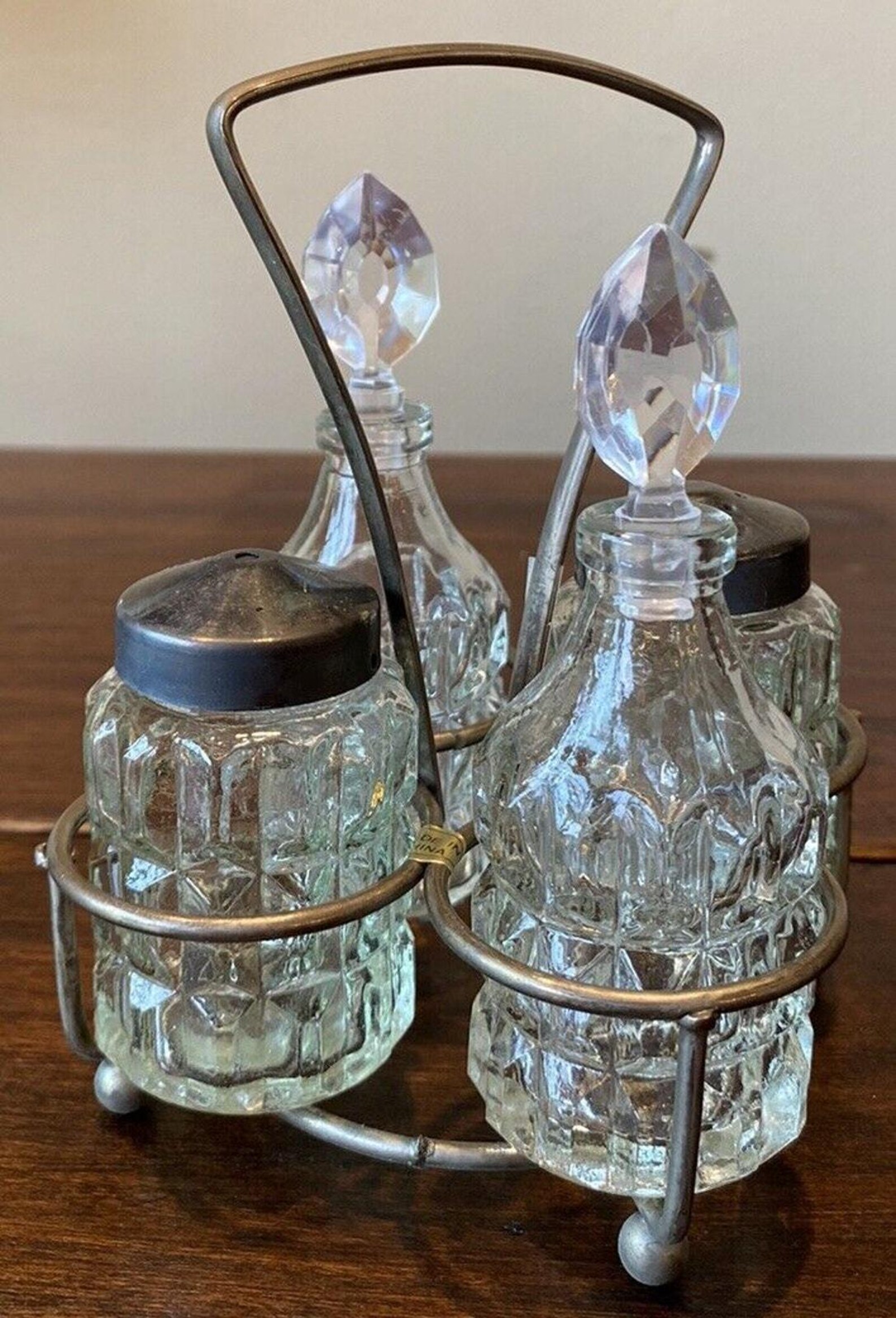Vtg 5 PC Glass Crust Set Salt & Pepper Oil Vinegar in Carrier Nancy ...