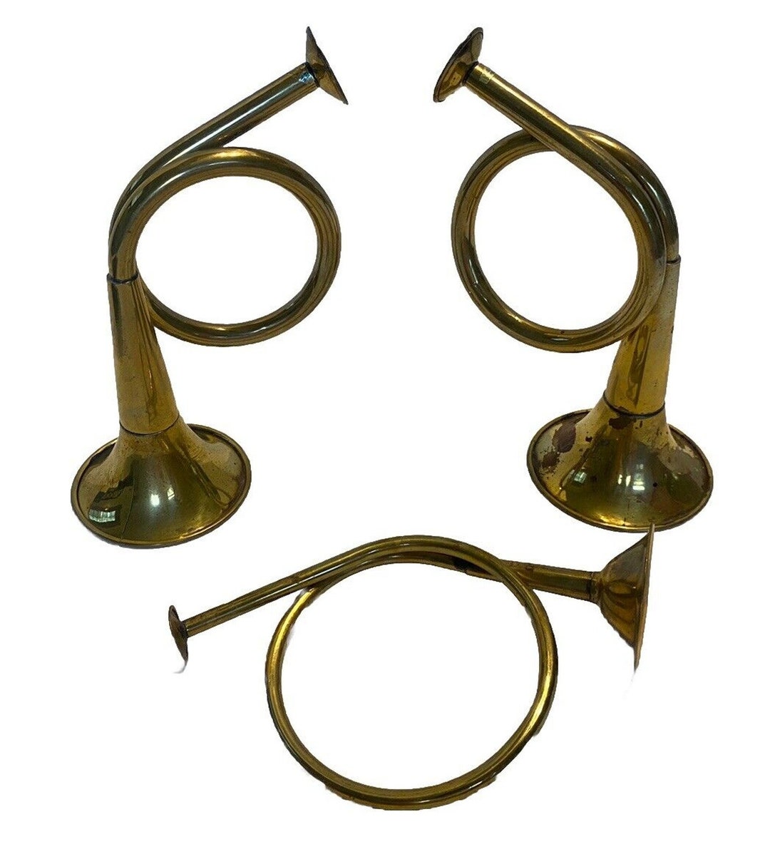 Vintage Brass French Horn Decorative Christmas Holiday Set of 3 Patina ...