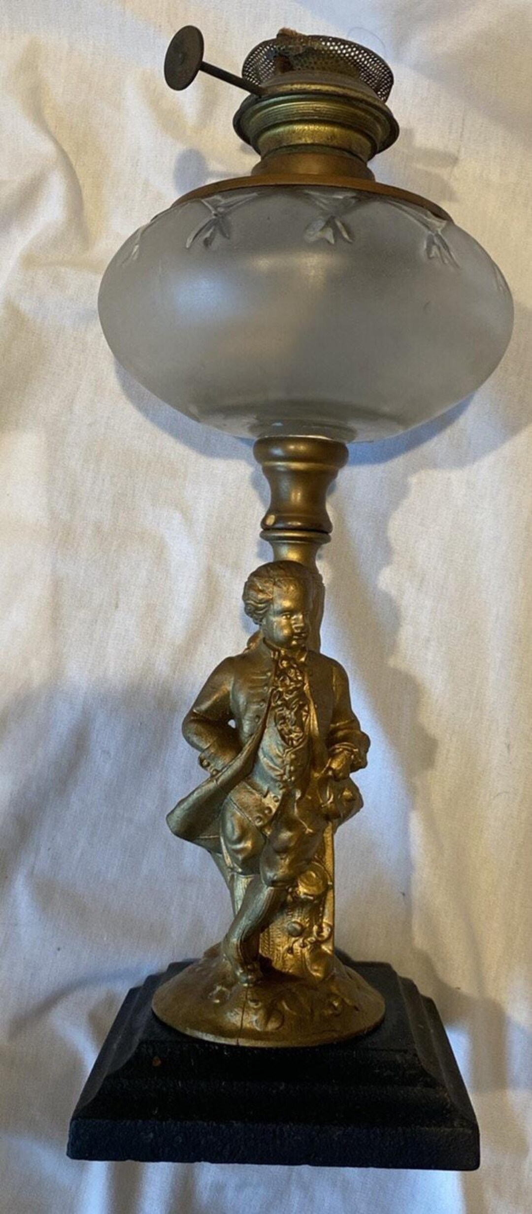 Antique Oil Lamp With Colonial Man/boy Gold Cast Iron Base Gilded ...