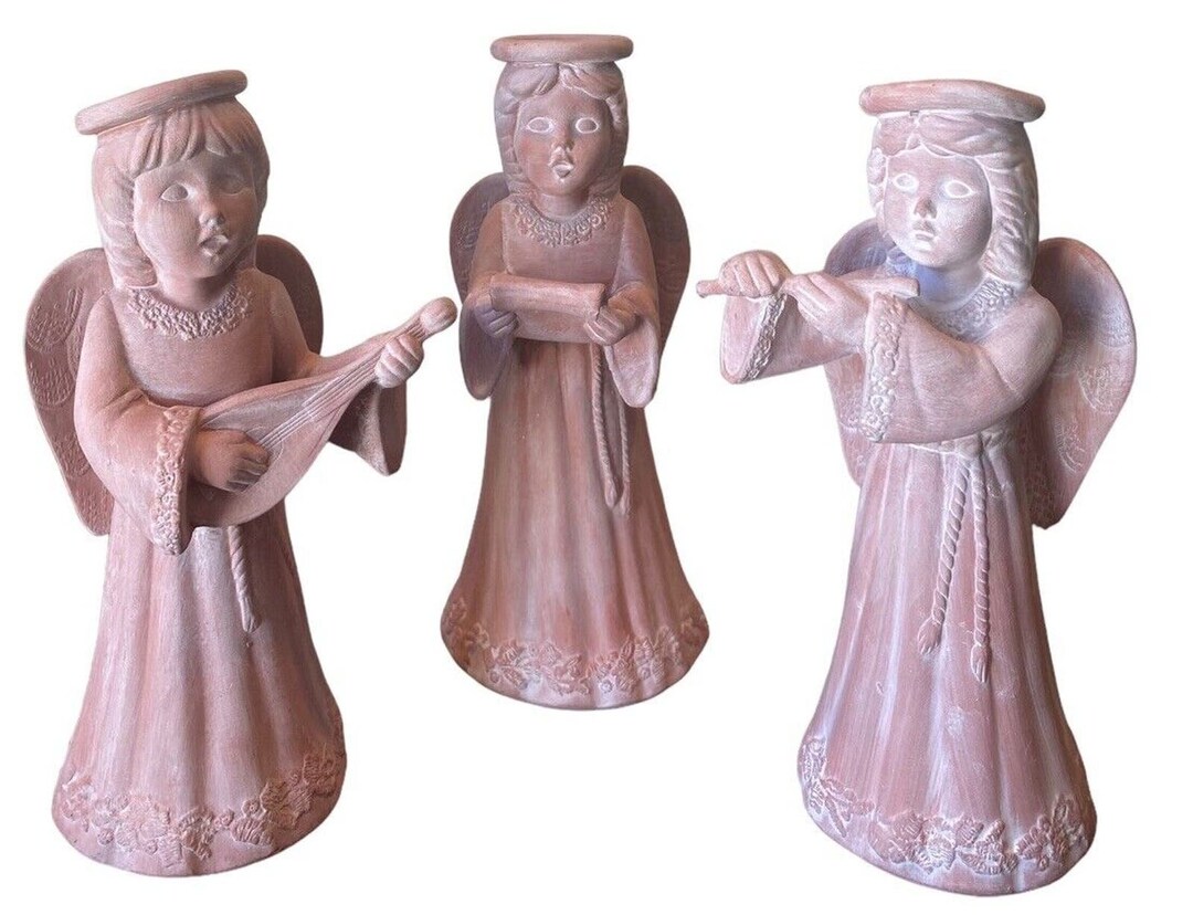 Vtg. Terracotta Christmas Angels Set of 3 8.25 Tall Figurines White ...