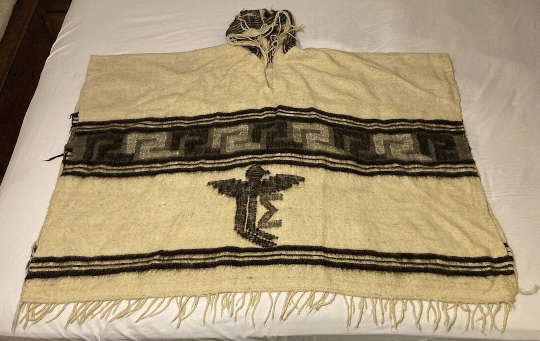 Vintage Wool Poncho Woven Mexico Native American Shawl Fringe Hooded ...