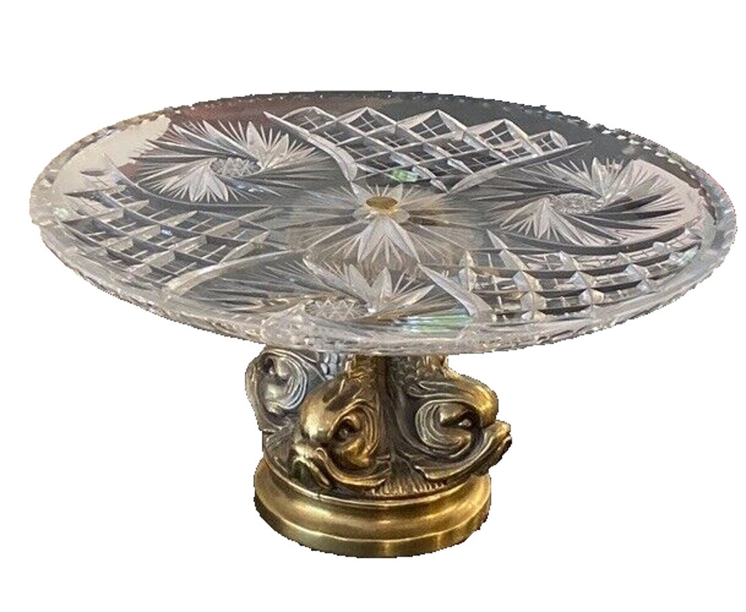 Antique Footed Plate Bulky Brass Fish Pedestal Stand Cut Glass Lead ...