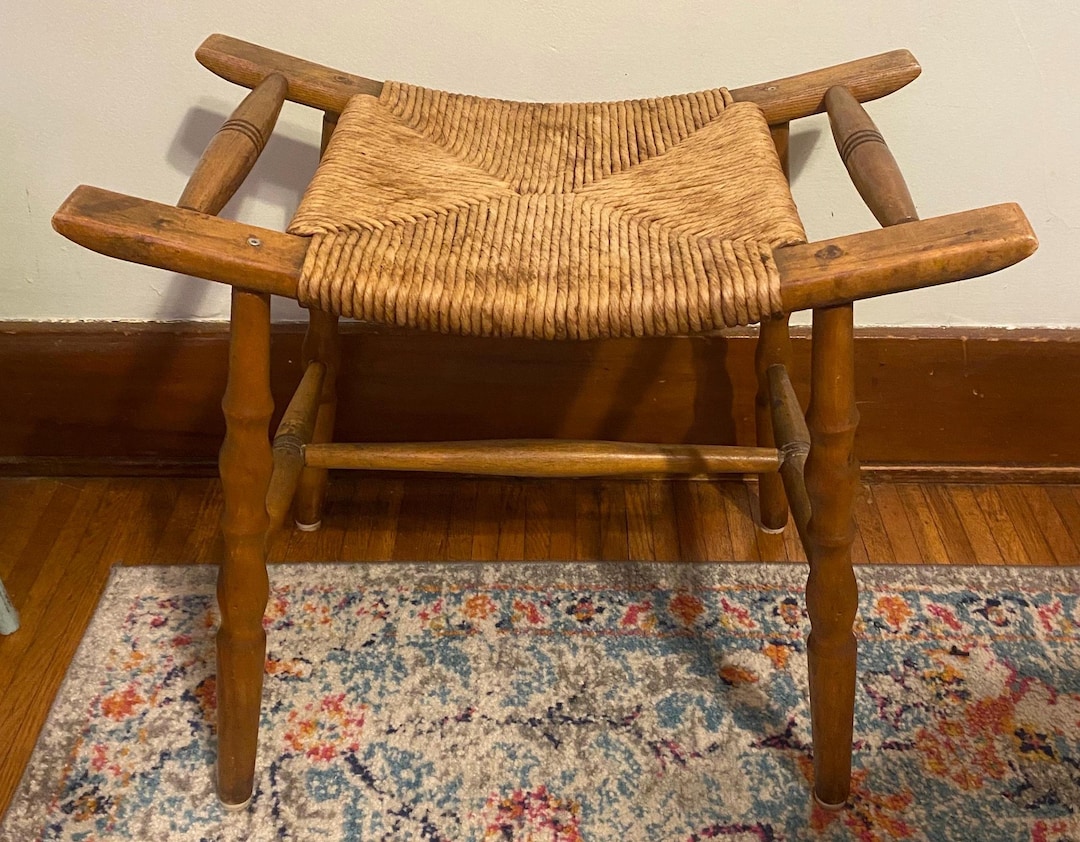 Vintage Wooden Bench Foot Stool Hand Woven Seat Rush Rope Ottoman ...