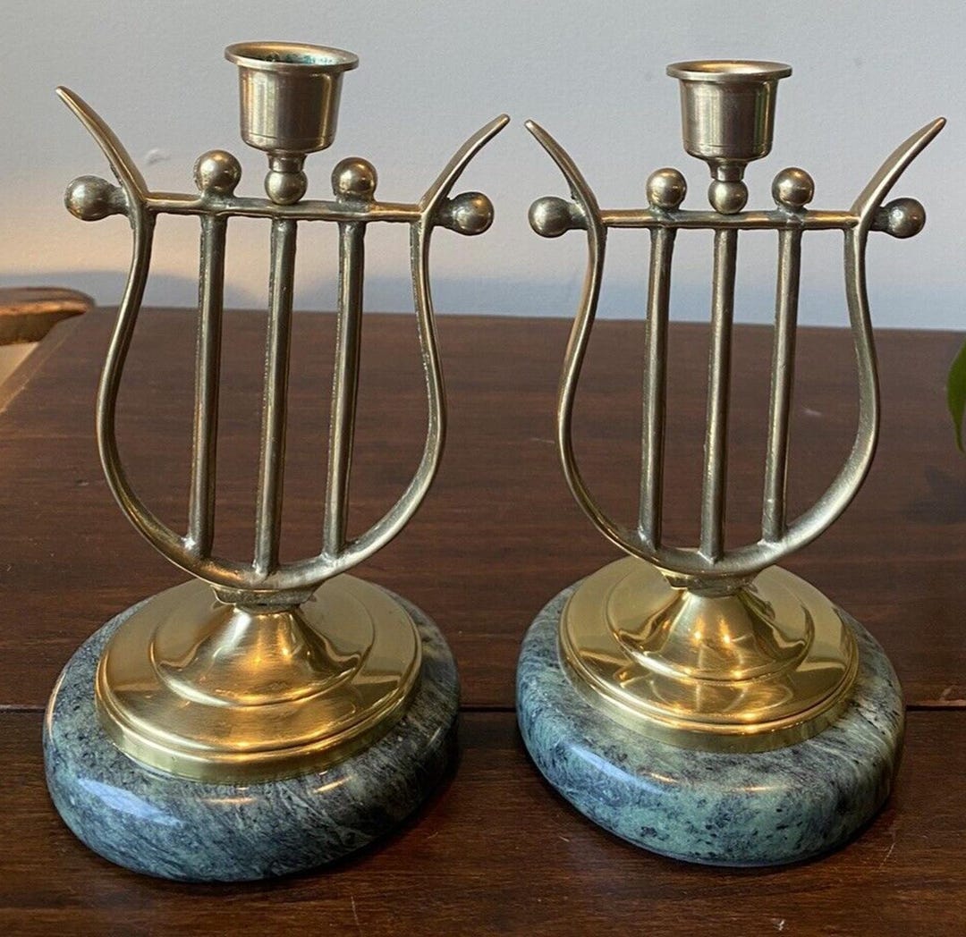 2 Vtg Solid Brass & Jade Harp Musical Table Top Decorative Candlestick ...