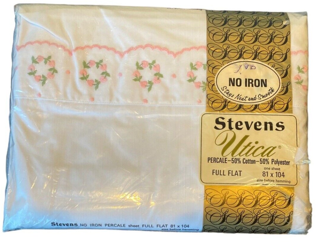 Vtg Stevens Utica FULL FLAT Sheet Percale White Pink Floral Embroidery ...