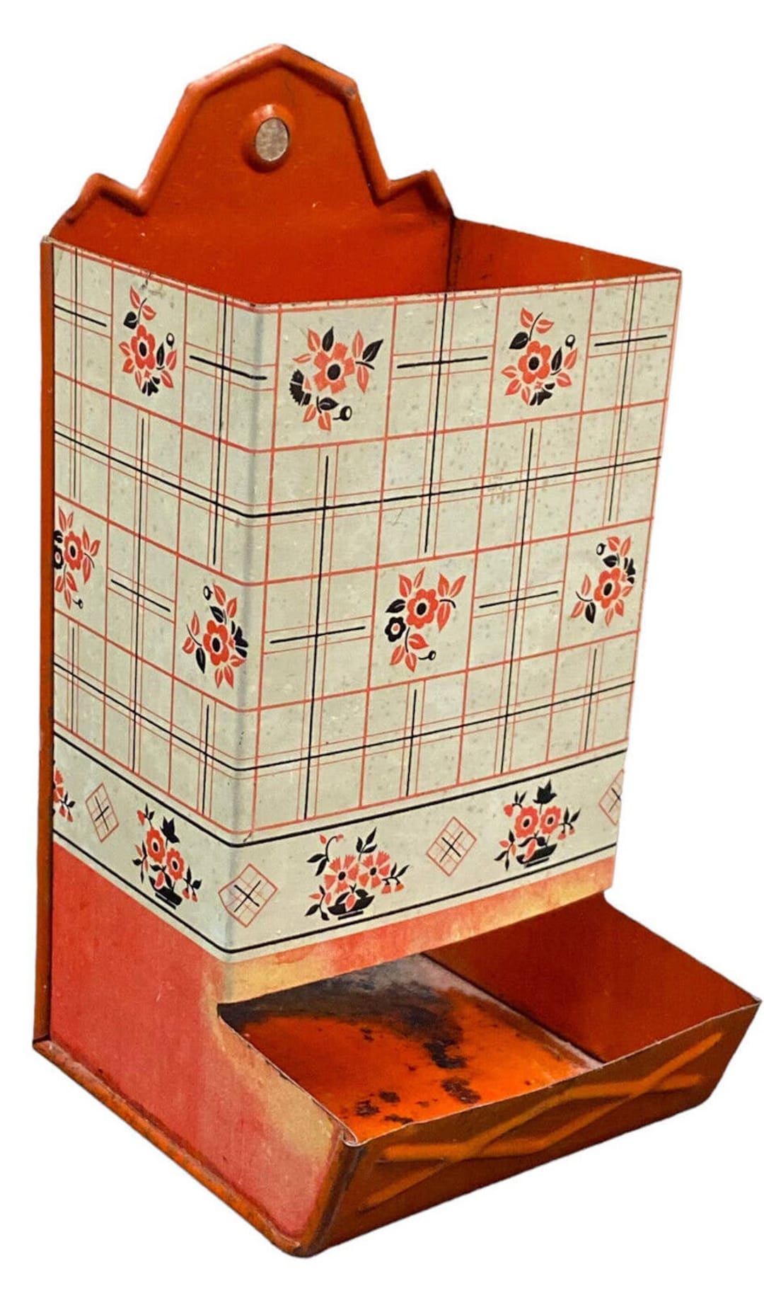 Vintage Match Box Holder Metal Wall Mount Red Rose Garden Lattice Farm ...