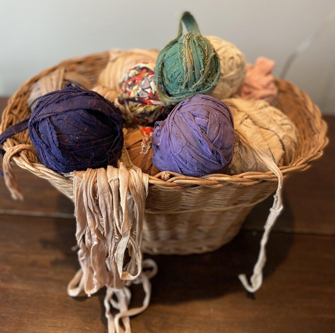 Vtg Rag Balls Rolled Strips Rug Making Braiding Oval Basket Primitive ...
