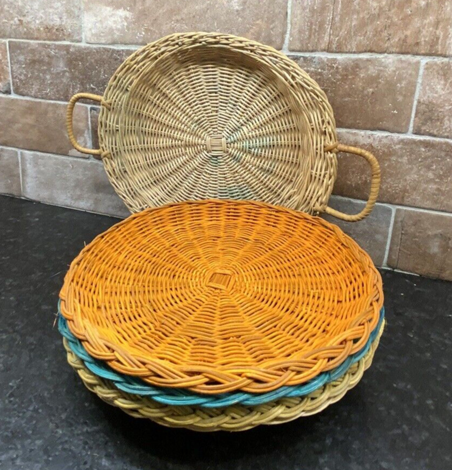 Vtg Set Rattan Wicker Paper Plate Holders Colored Green Orange - Etsy
