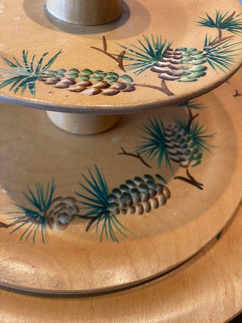Vtg Two Tier Wooden Tray and Platter Woodero Hand Painted Pine Cones ...