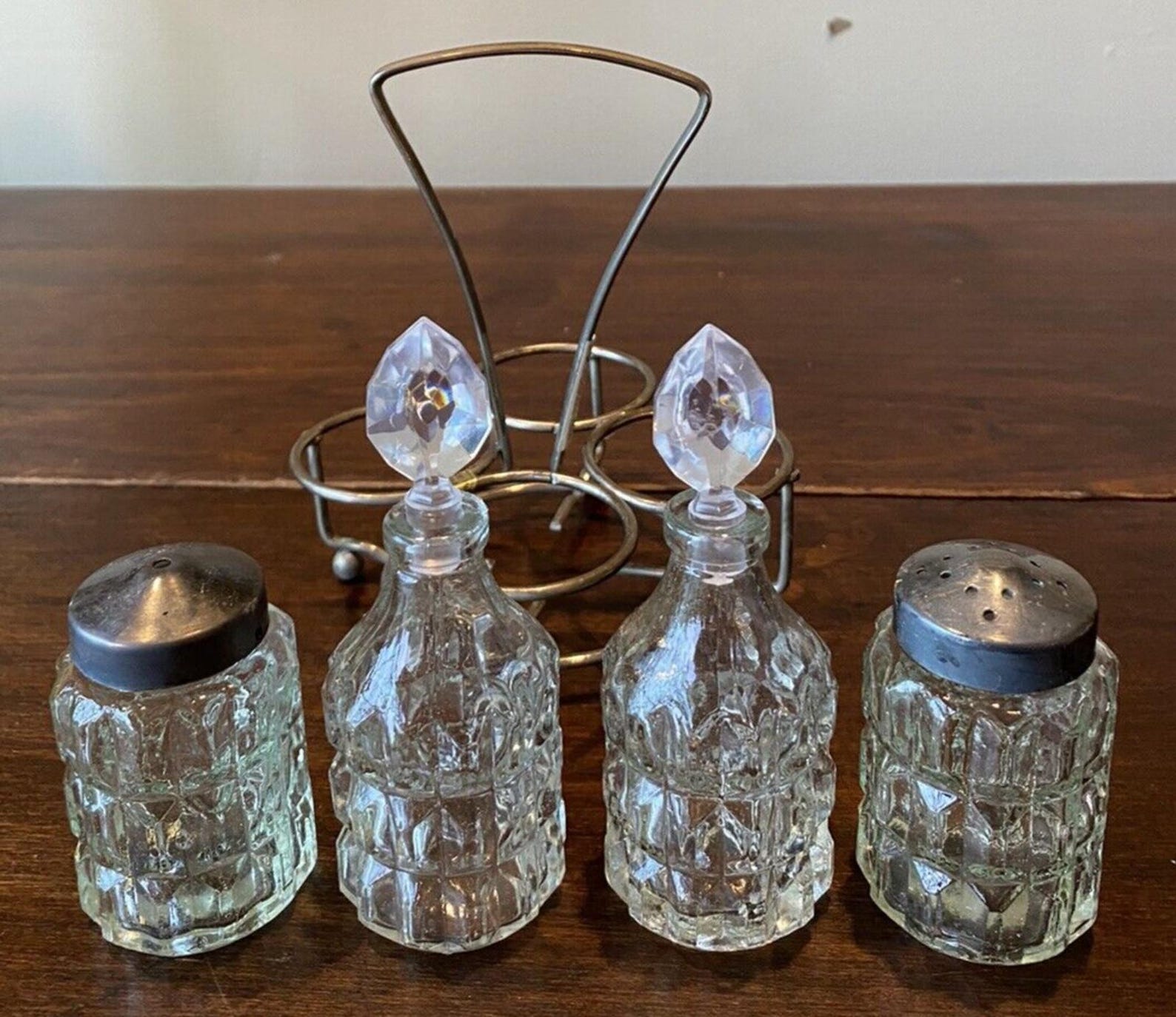 Vtg 5 PC Glass Crust Set Salt & Pepper Oil Vinegar in Carrier Nancy ...