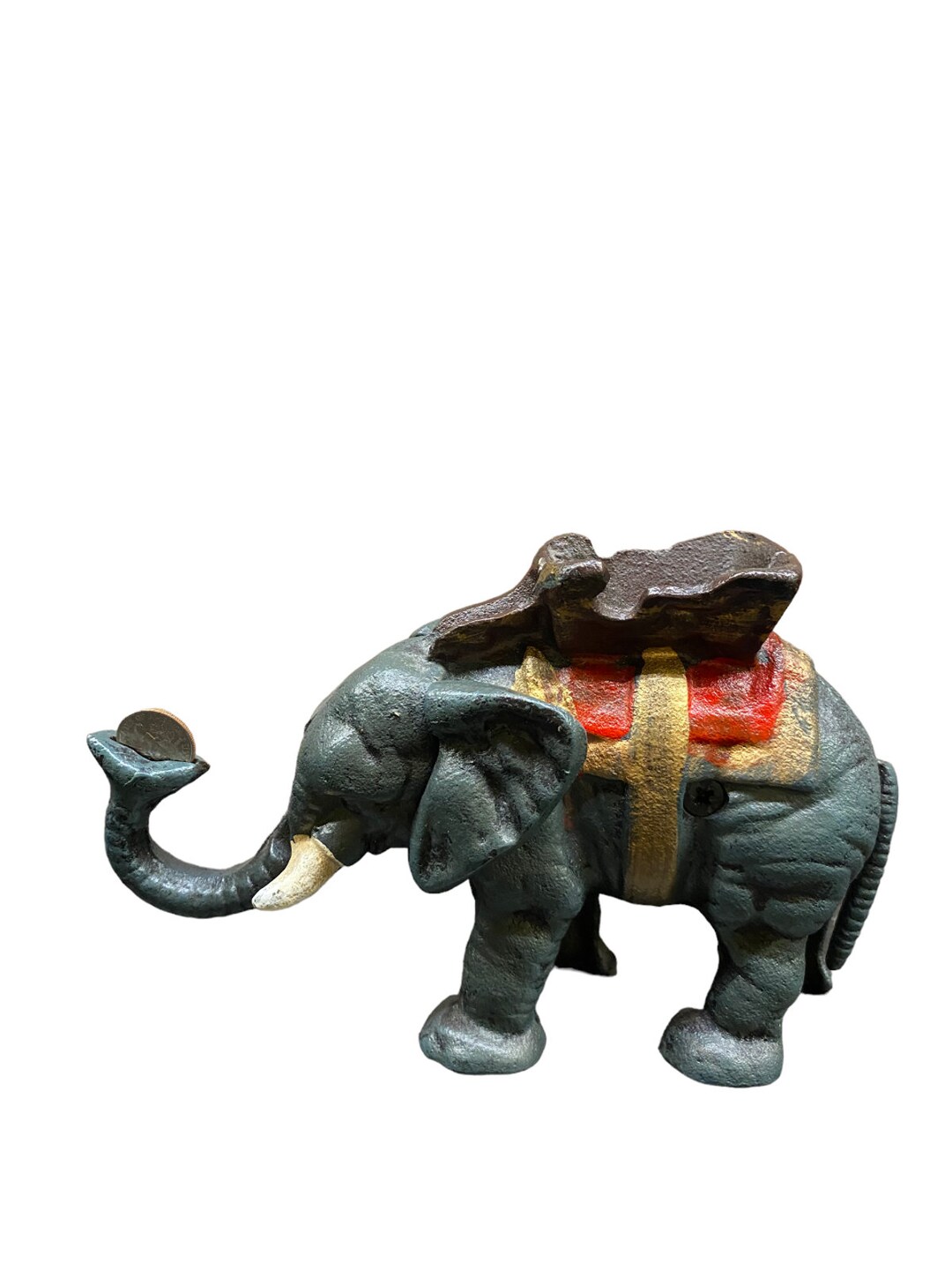 Vtg Antique Cast Iron Elephant Money Bank Mechanical Flips Coin Circus ...