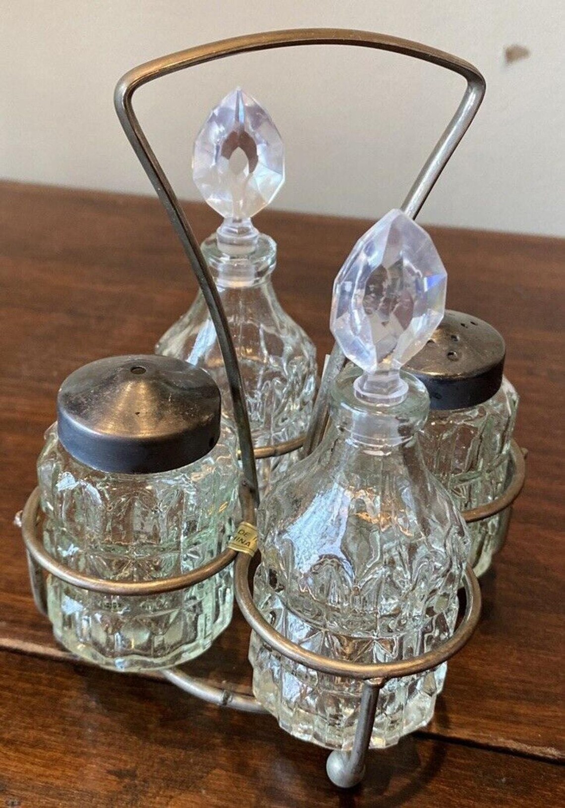 Vtg 5 PC Glass Crust Set Salt & Pepper Oil Vinegar in Carrier Nancy ...