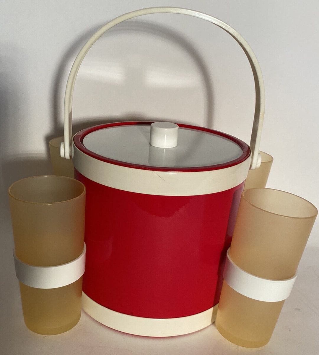 Vintage Shelton-ware Rare Red Ice Bucket With Tumbler Caddy Carrier ...