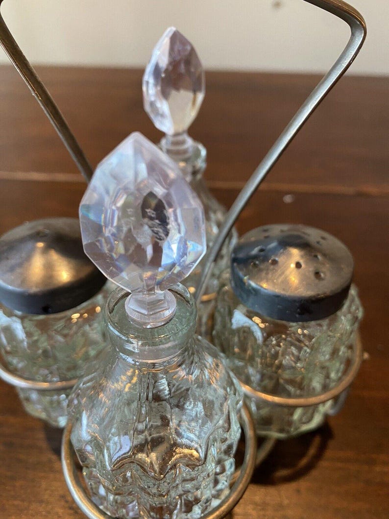Vtg 5 PC Glass Crust Set Salt & Pepper Oil Vinegar in Carrier Nancy ...
